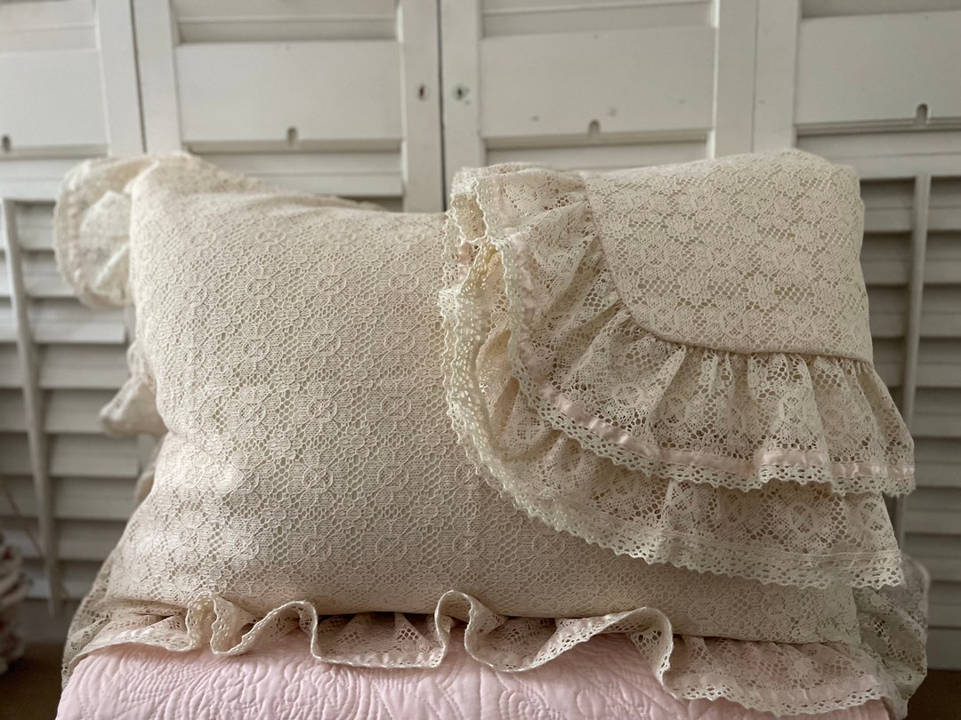 Vintage Croscill Ivory Lace Ruffle Standard Pillow Shams W Pink Ribbon Detail/floral Lace Shams ...