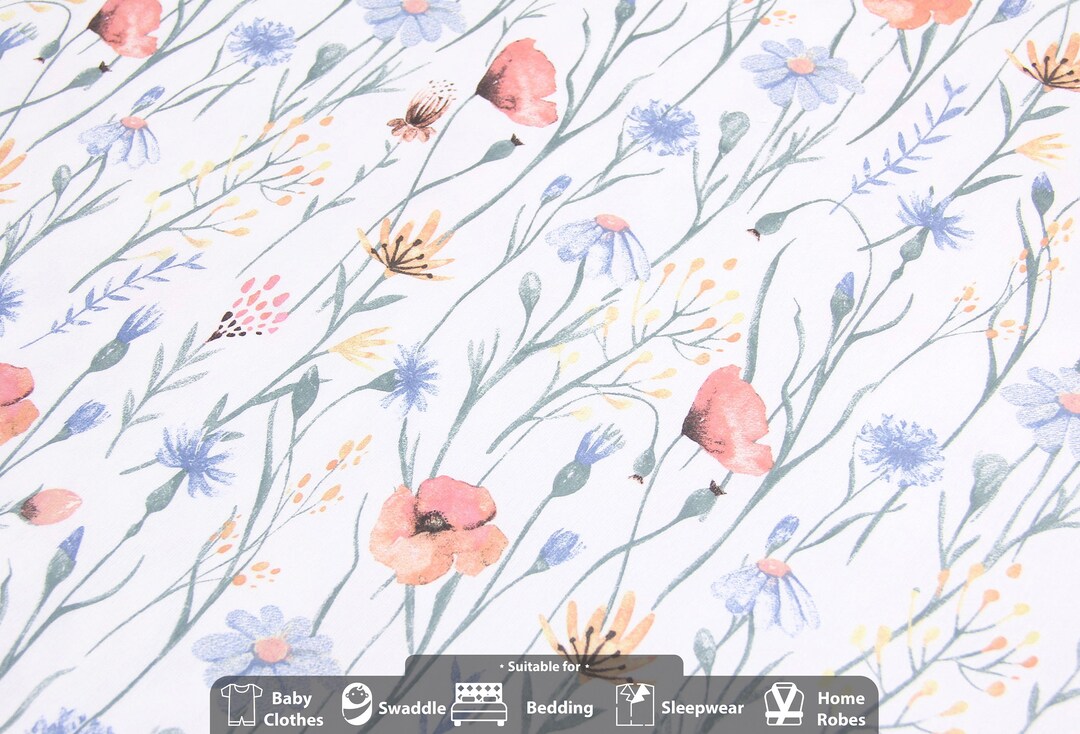 Wildflowers Cotton Fabric, Floral Flannel Fabric, Blue Leaves and Twigs ...