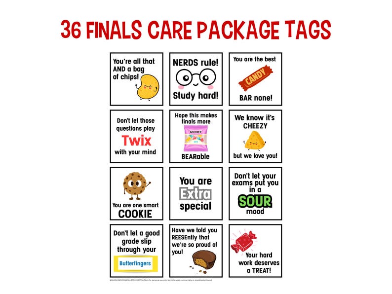 Finals Care Package Printable Gift Tags | Final Exams Countdown Snacks ...