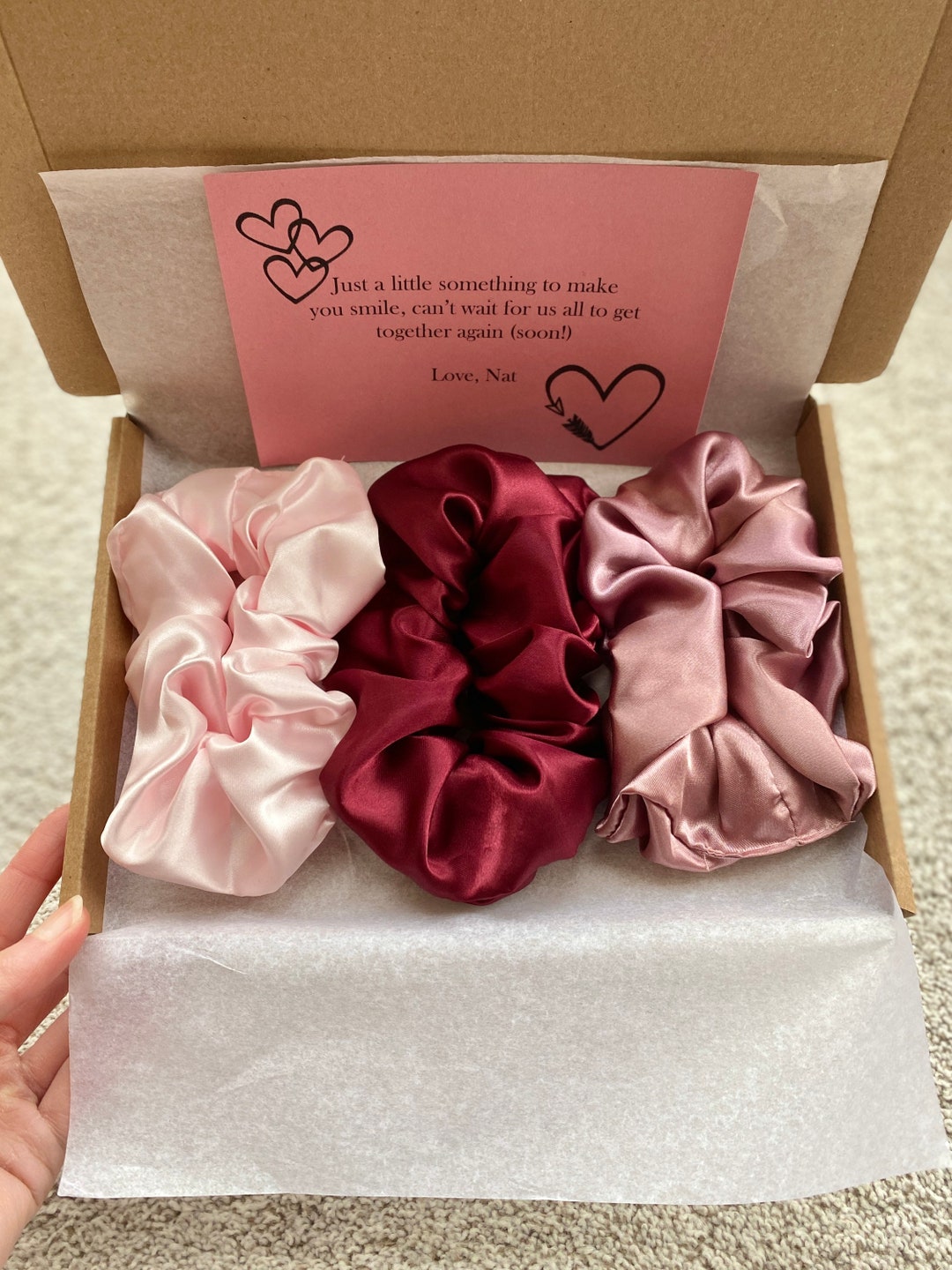 Gift Box - 3 SATIN SCRUNCHIES - Baby Pink, Burgundy Red, Mauve - 2 ...