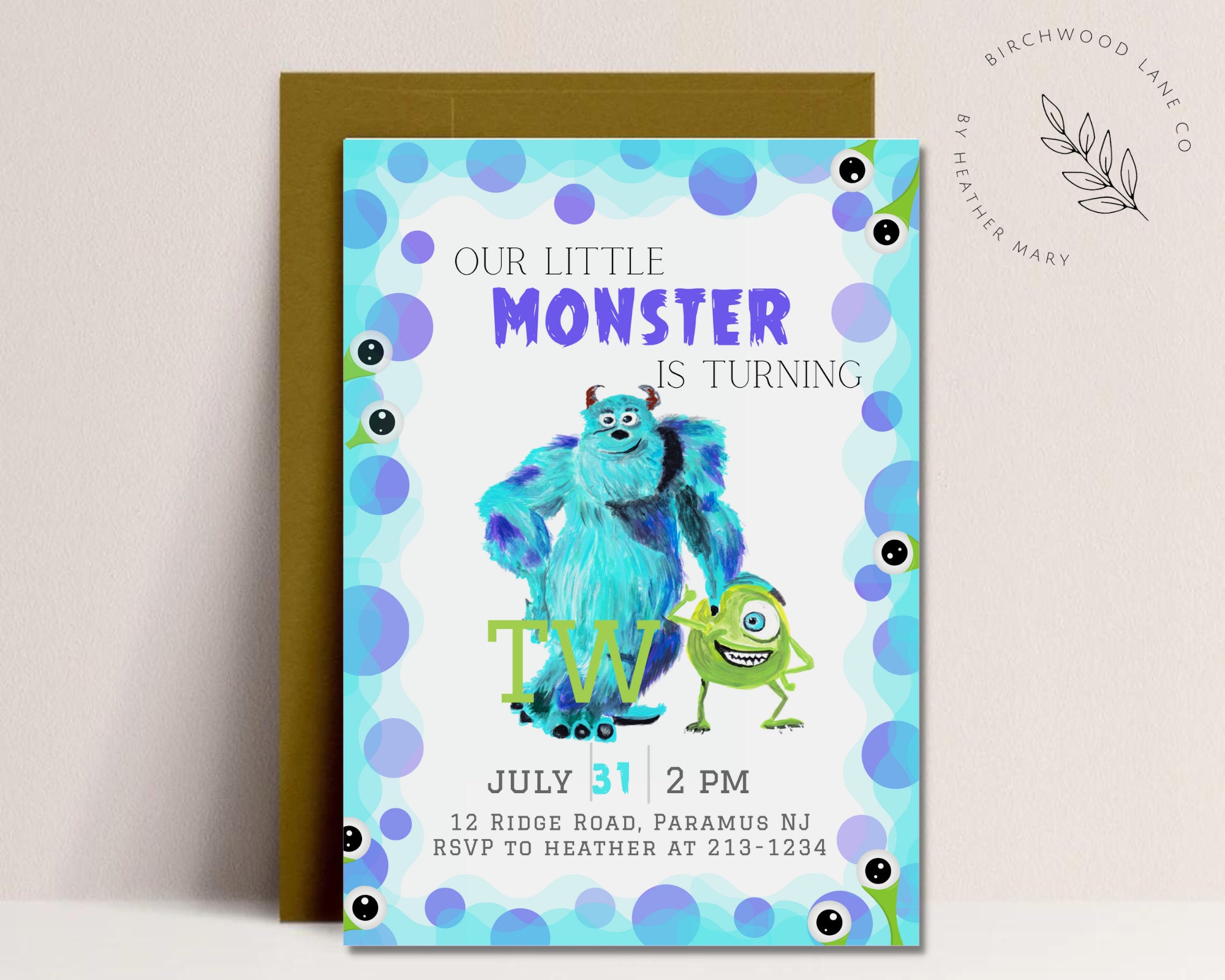 Monsters Inc Birthday Party Invitation, Monster Party Invitation, TWO ...