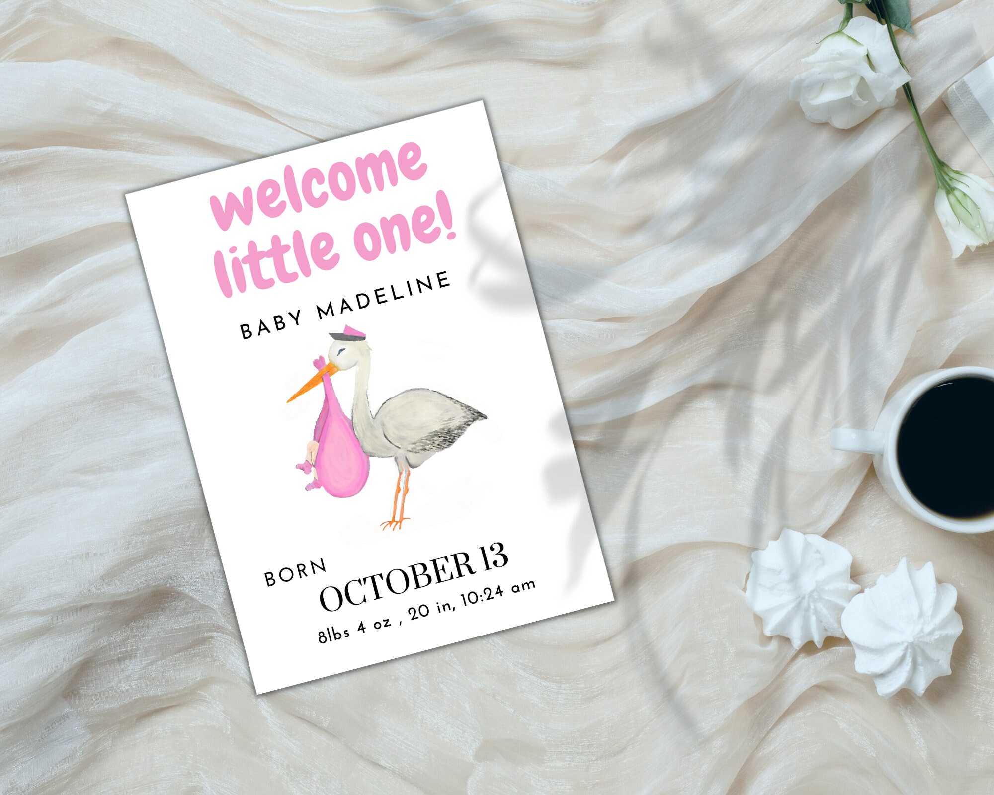 Stork Baby Announcement, Baby Birth Announcement, Baby Girl ...