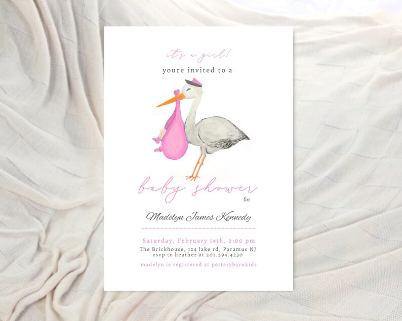 STORK Invitation, Baby Girl Stork, Pink Baby Invitation, Shower for ...