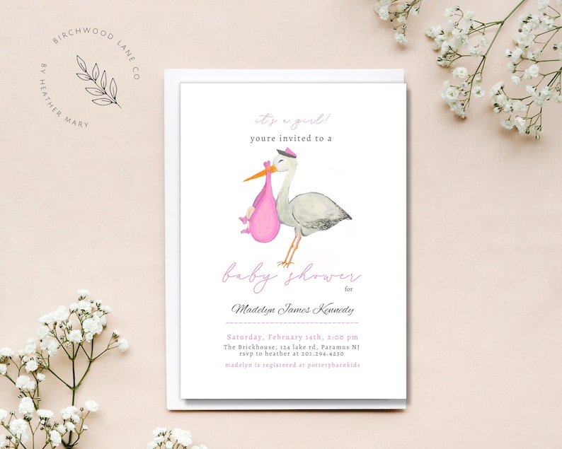 STORK Invitation, Baby Girl Stork, Pink Baby Invitation, Shower for ...