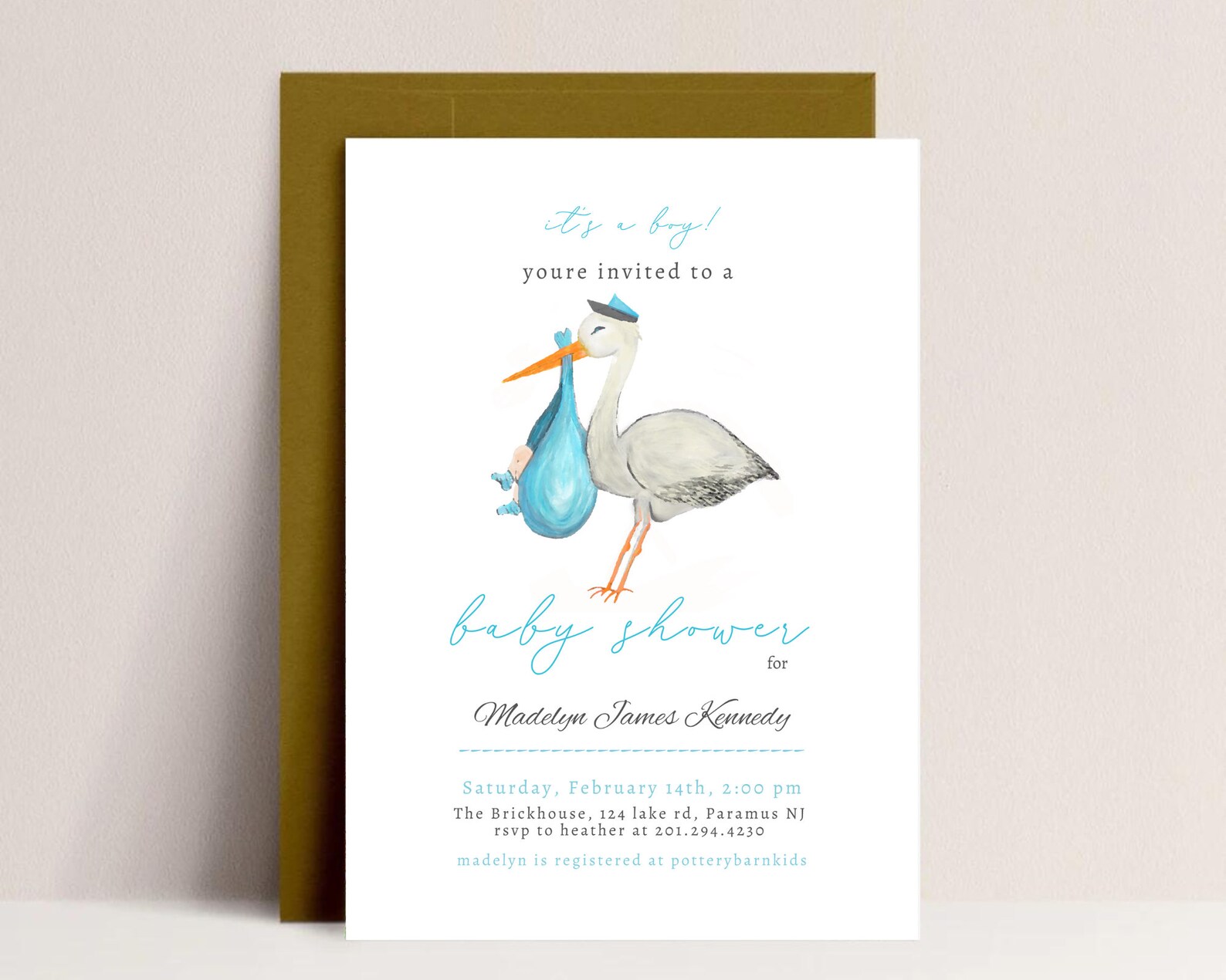 Stork Baby Shower Invitation, Baby Stork, Stork Holding Baby Boy Invite ...