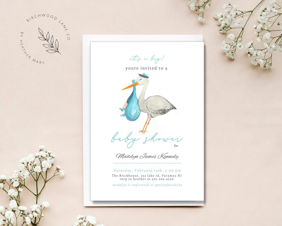 Stork Baby Shower Invitation, Baby Stork, Stork Holding Baby Boy Invite ...