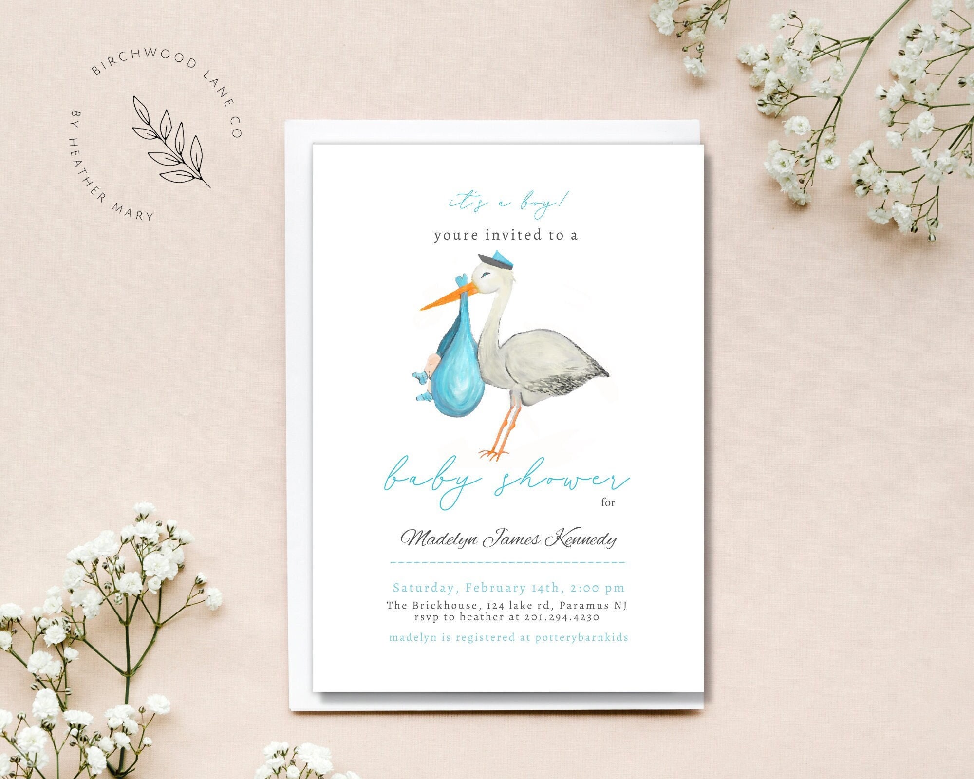Stork Baby Shower Invitation, Baby Stork, Stork Holding Baby Boy Invite ...