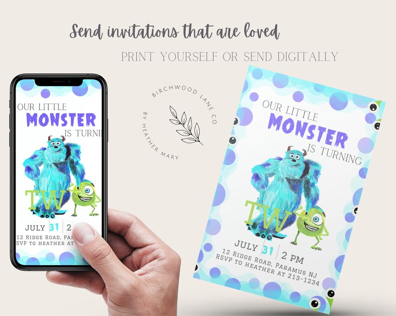 Monsters Inc Birthday Party Invitation, Monster Party Invitation, TWO ...