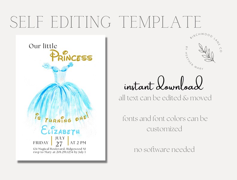 Princess Dress Invitation, Princess Birthday Invitation, Cinderella ...