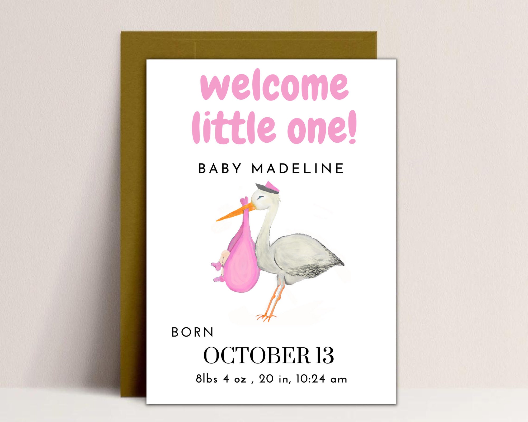 Stork Baby Announcement, Baby Birth Announcement, Baby Girl ...