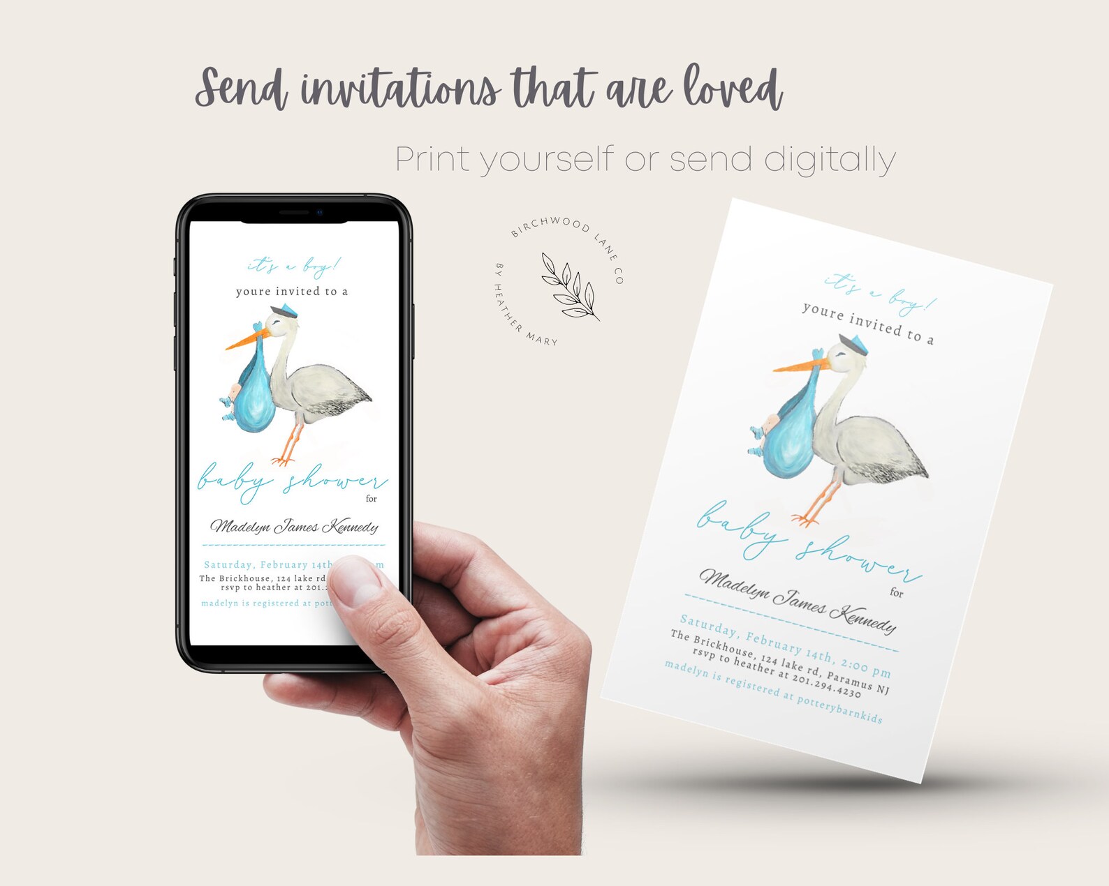 Stork Baby Shower Invitation, Baby Stork, Stork Holding Baby Boy Invite ...