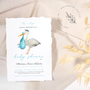Stork Baby Shower Invitation, Baby Stork, Stork Holding Baby Boy Invite ...