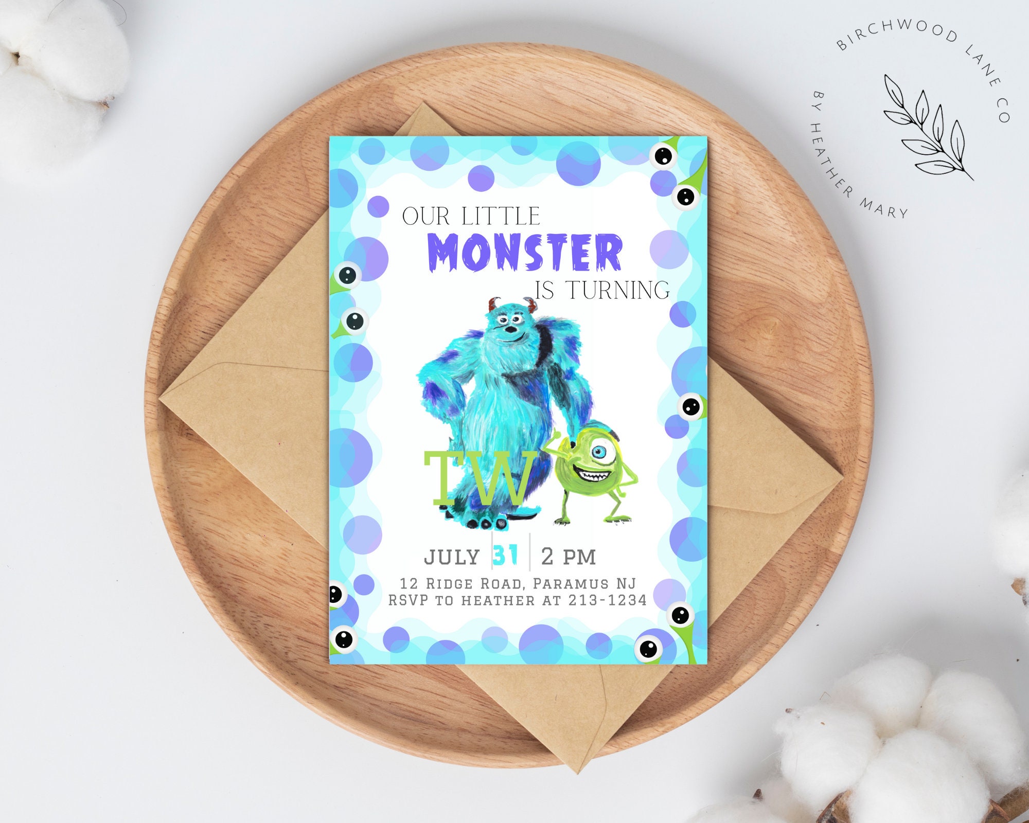 Monsters Inc Birthday Party Invitation, Monster Party Invitation, TWO ...