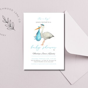 Stork Baby Shower Invitation, Baby Stork, Stork Holding Baby Boy Invite ...