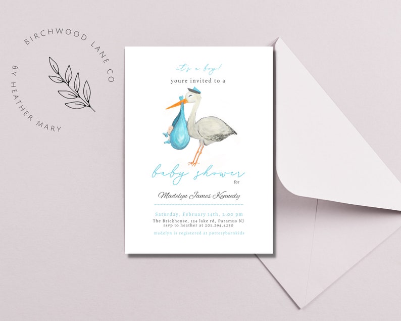 Stork Baby Shower Invitation, Baby Stork, Stork Holding Baby Boy Invite ...