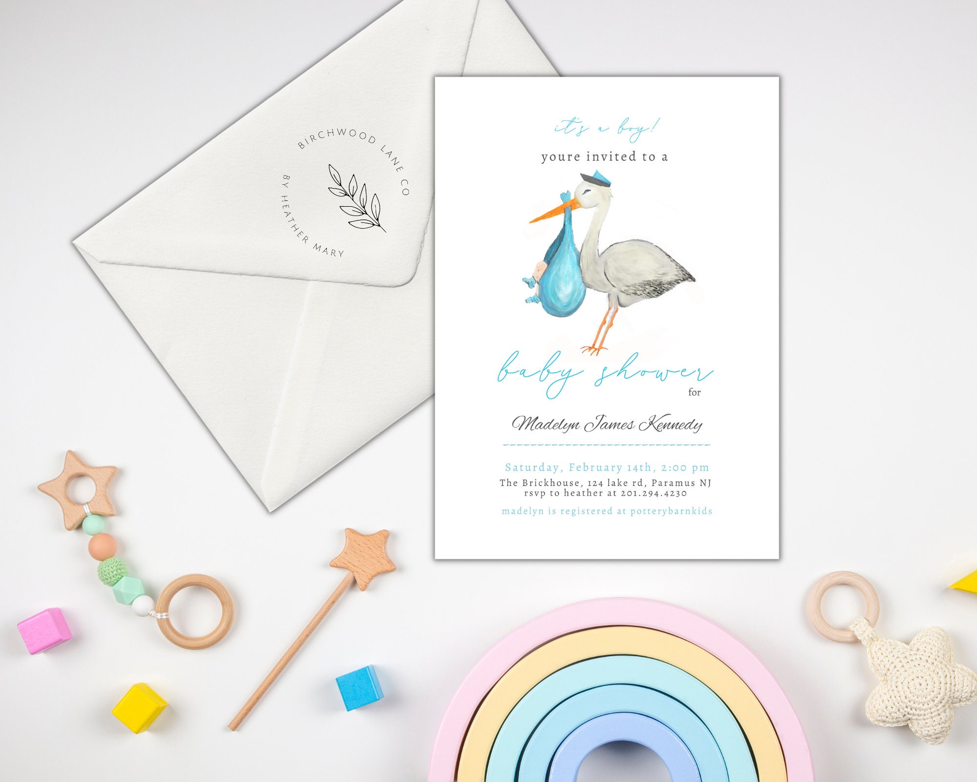 Stork Baby Shower Invitation, Baby Stork, Stork Holding Baby Boy Invite ...
