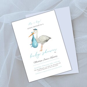 Stork Baby Shower Invitation, Baby Stork, Stork Holding Baby Boy Invite ...