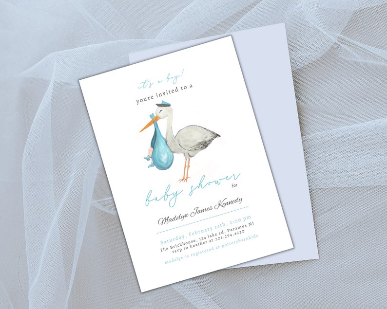 Stork Baby Shower Invitation, Baby Stork, Stork Holding Baby Boy Invite ...