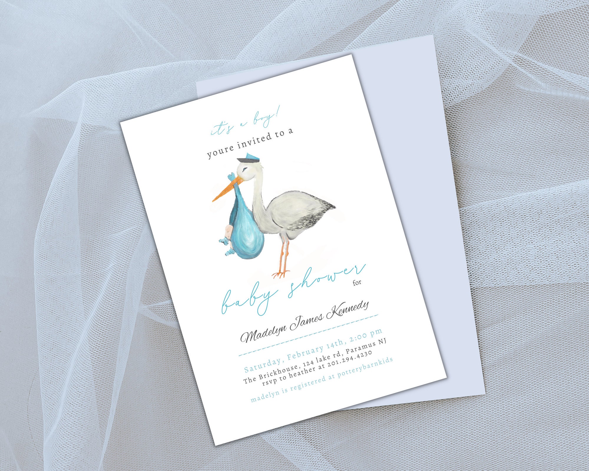 Stork Baby Shower Invitation, Baby Stork, Stork Holding Baby Boy Invite ...