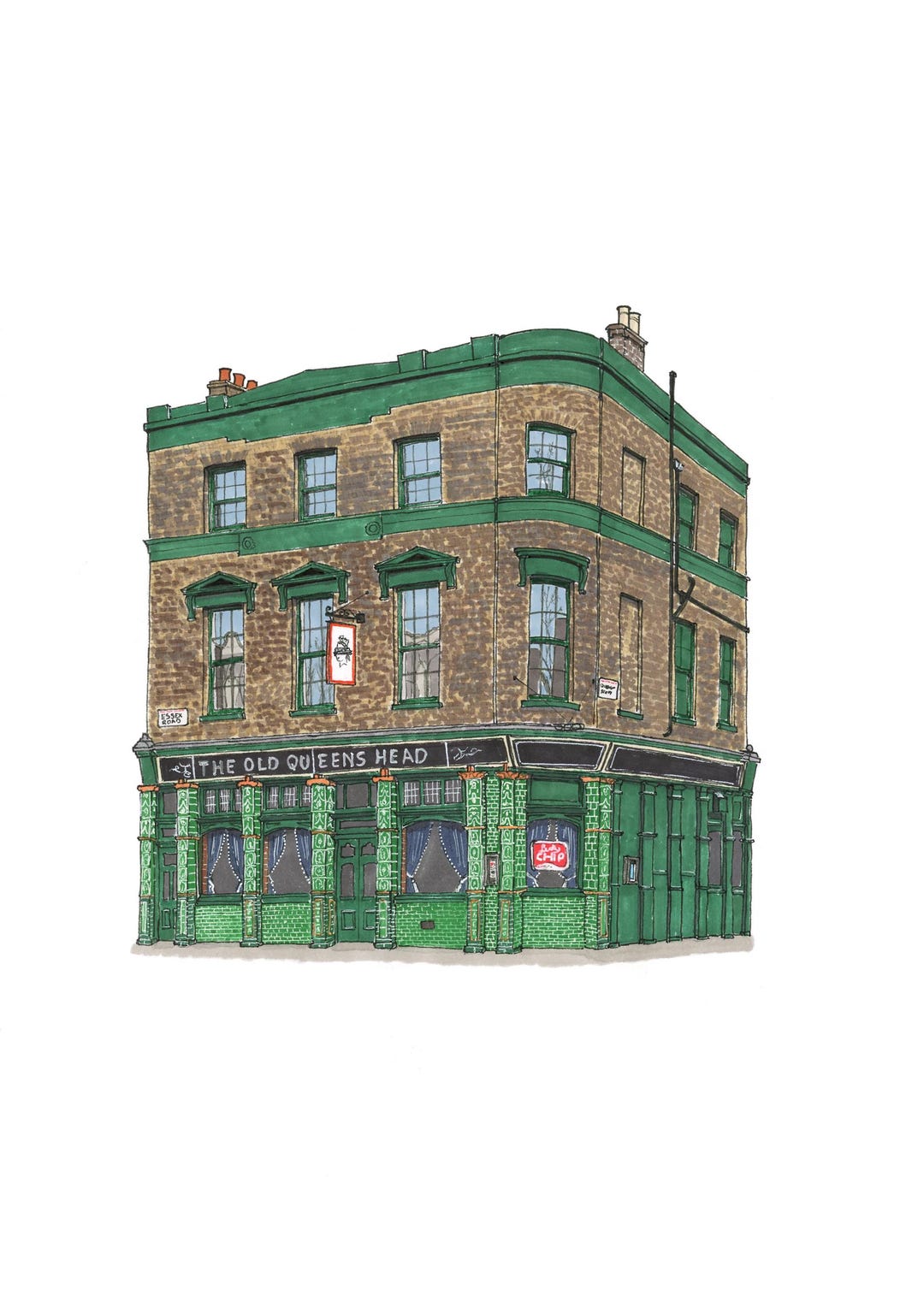 The Old Queens Head Pub Print | Essex Road Islington | London Hand ...