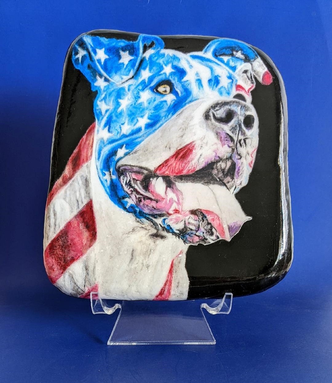 Patriotic Pitbull Acrylic Painted Stone With Stand, Gift, Home Decor - Etsy
