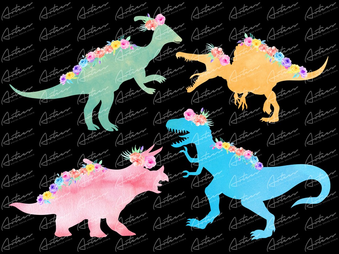 Set of 4 Watercolor Floral Dinosaurs Png Download - Etsy