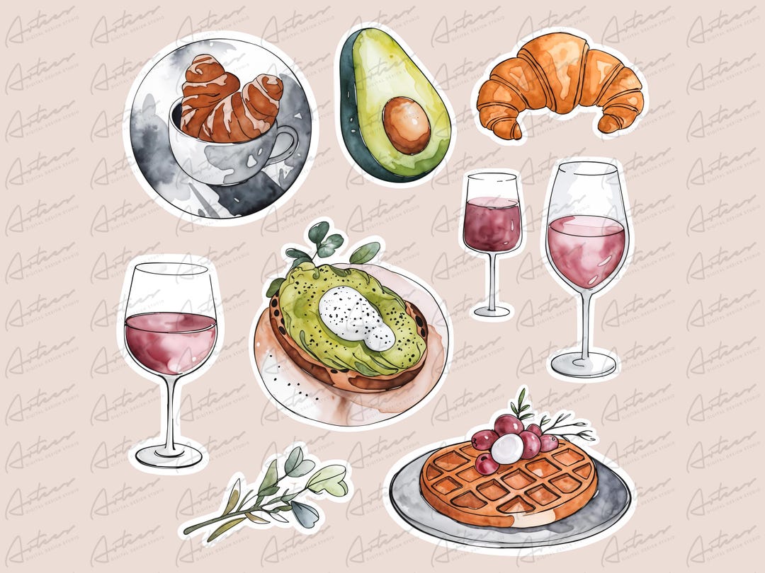 Watercolor Brunch Food Sticker Bundle: Avocado Toast, Wine (digital ...