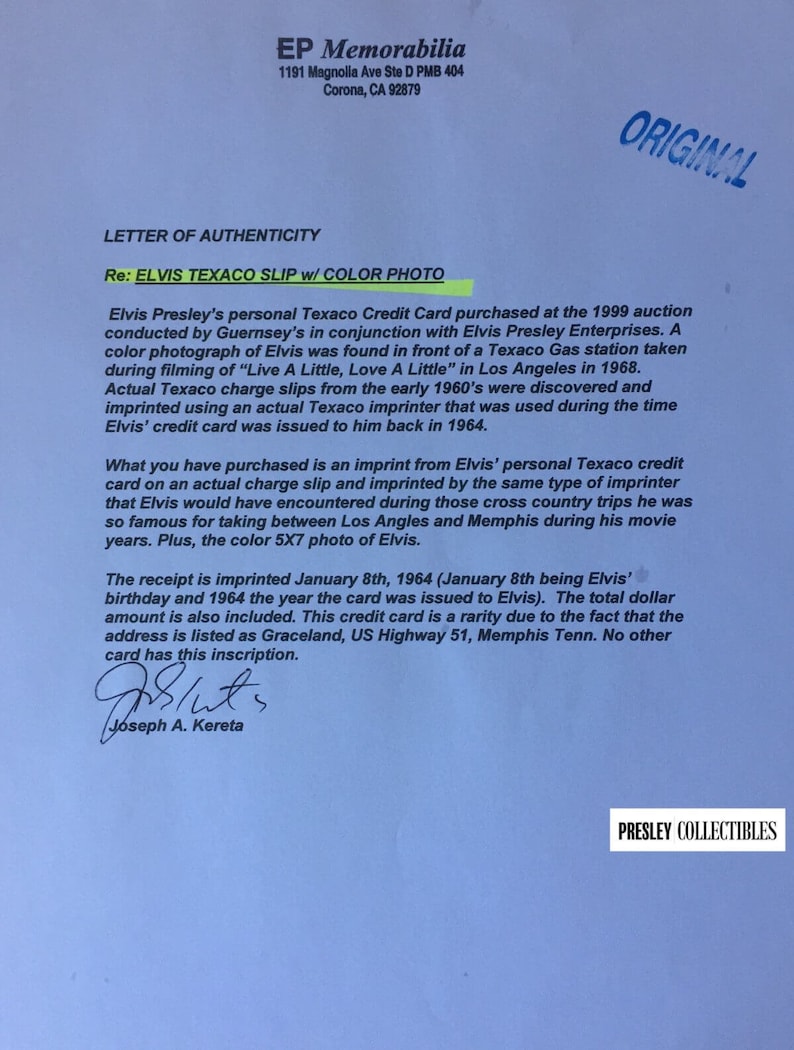 Elvis Texaco Credit Card Receipt - Authentic - Imprinted From His ...