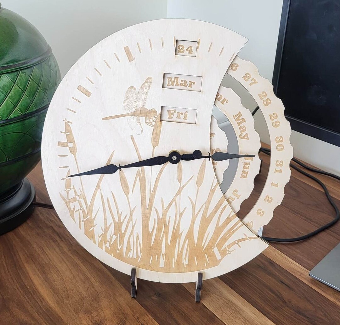 Dragonfly Scene Perpetual Calendar With Clock, Hand Made, Desk Calendar ...