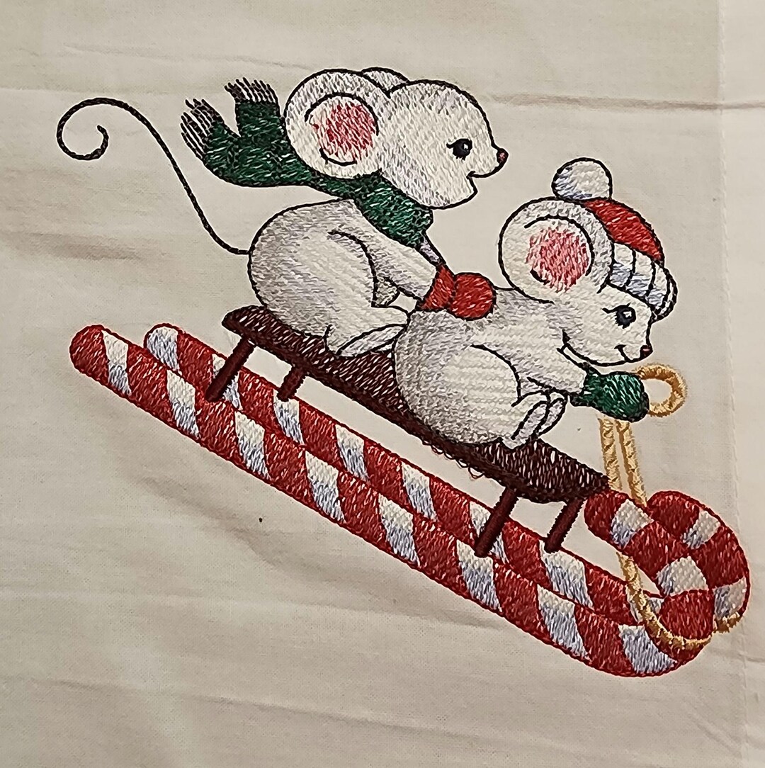 Christmas Mice on Candy Cane Sled Embroidered on White Flour Sack ...