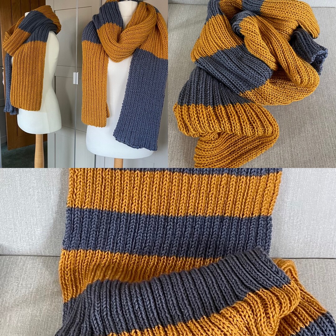 Giant Wide Scarf Striped Mustard and Blue Hand Knitted 2.3 Metres Long ...