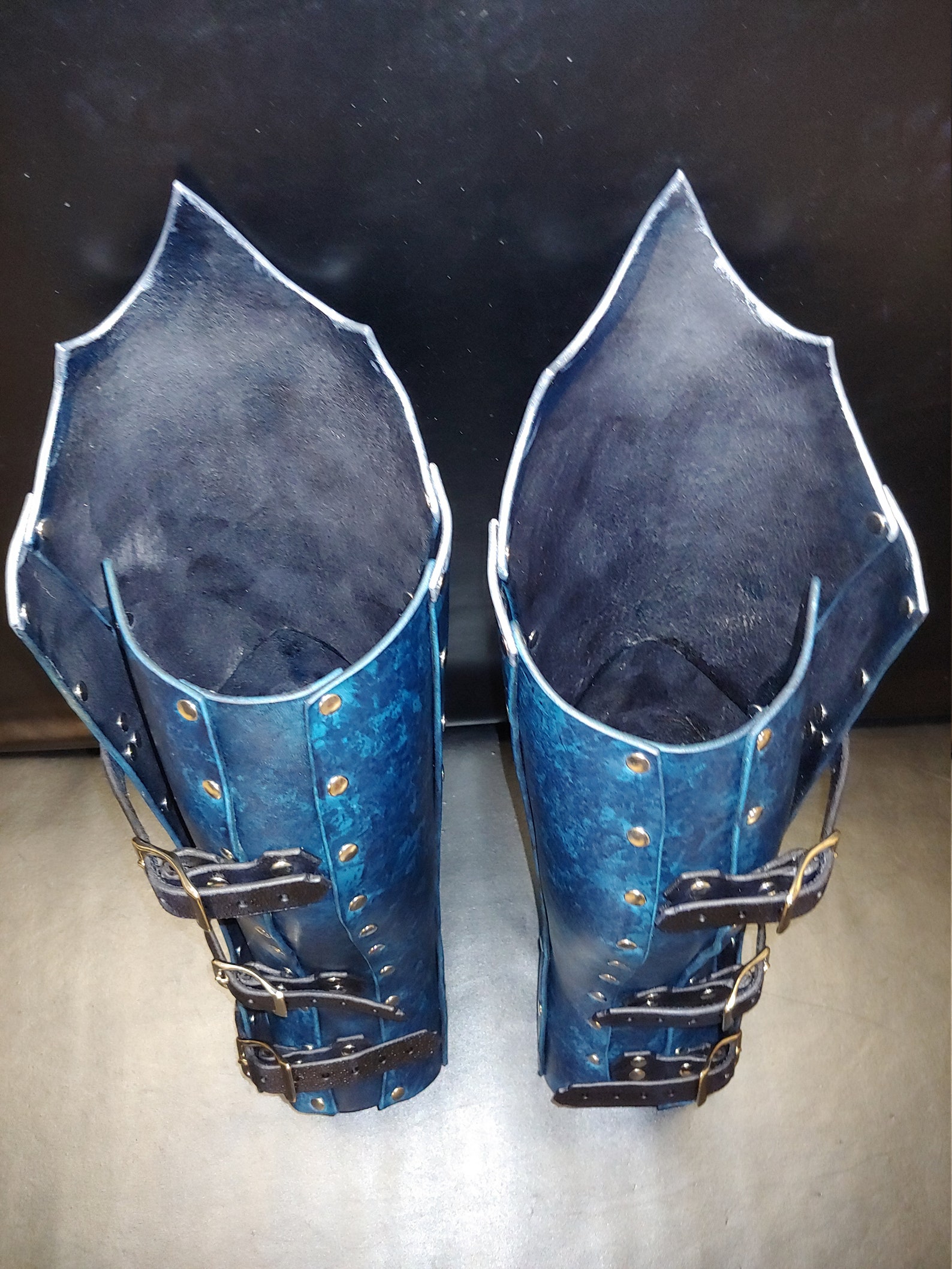Leather Armor, Fantasy Greaves shin Guards Metallic Pewter and Blue - Etsy