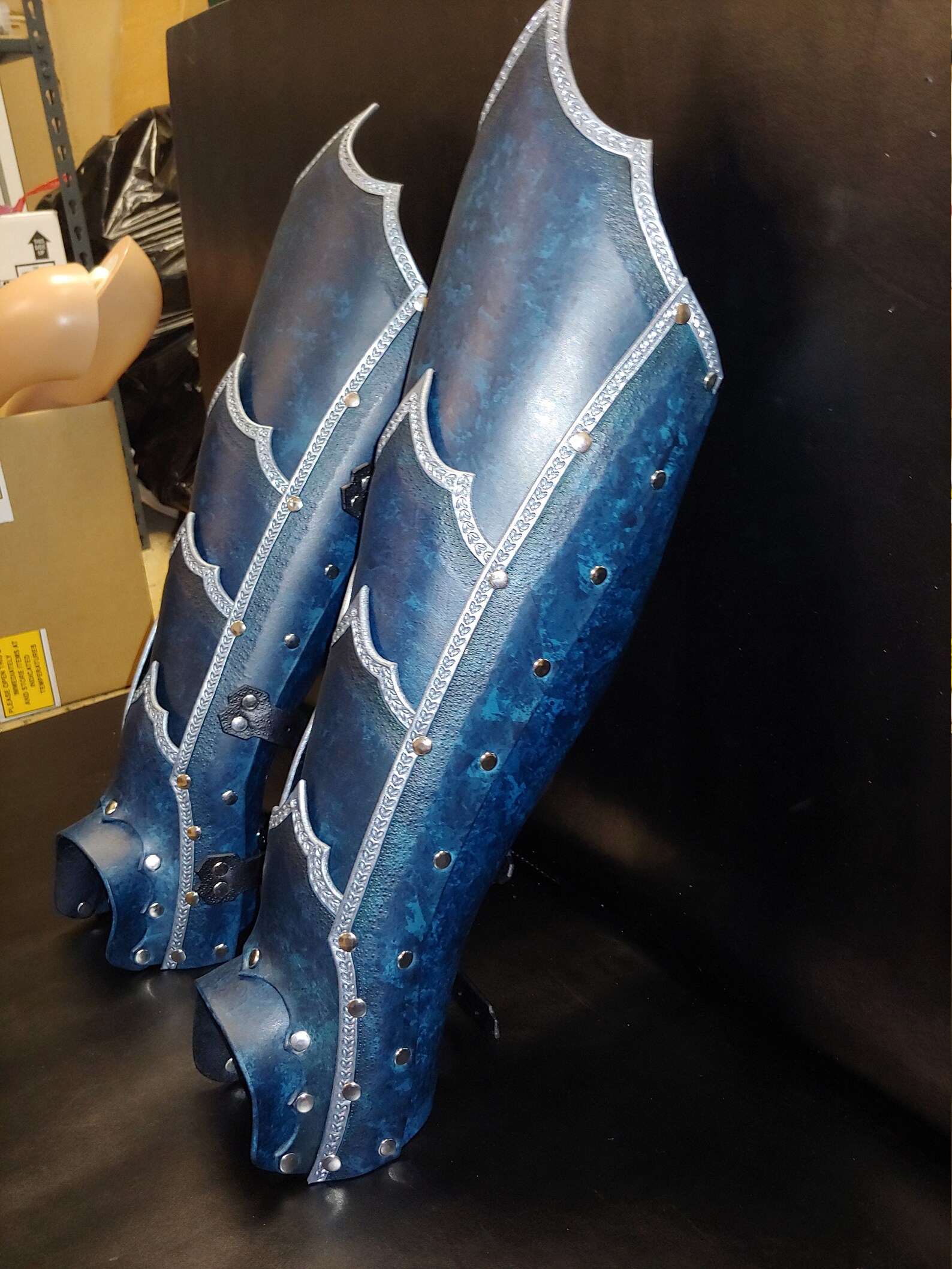 Leather Armor, Fantasy Greaves shin Guards Metallic Pewter and Blue - Etsy
