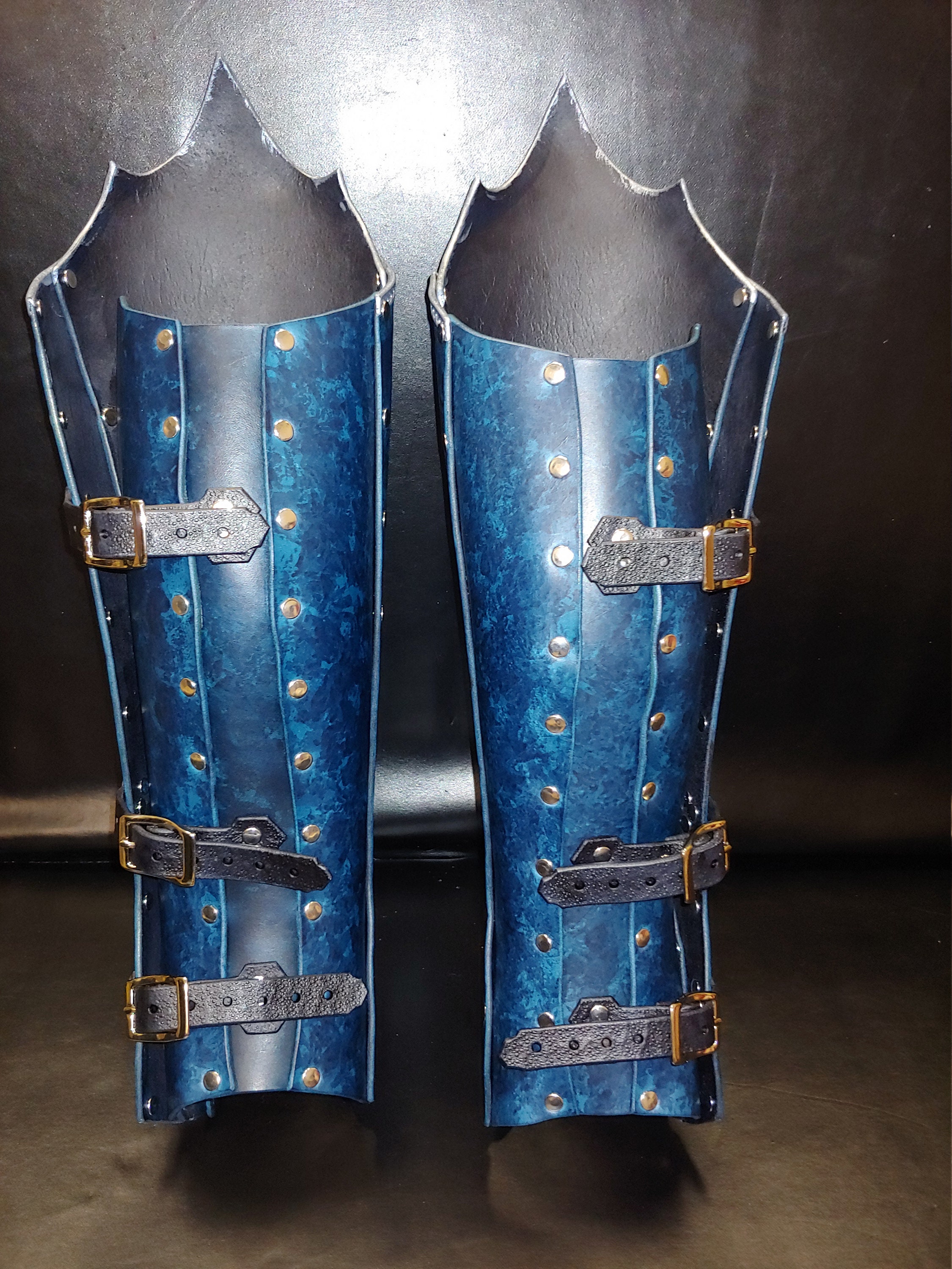 Leather Armor, Fantasy Greaves shin Guards Metallic Pewter and Blue - Etsy