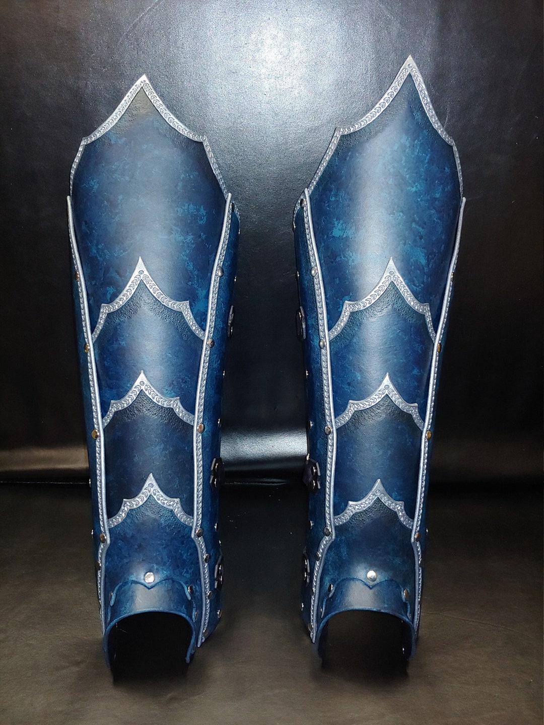 Leather Armor, Fantasy Greaves shin Guards Metallic Pewter and Blue - Etsy
