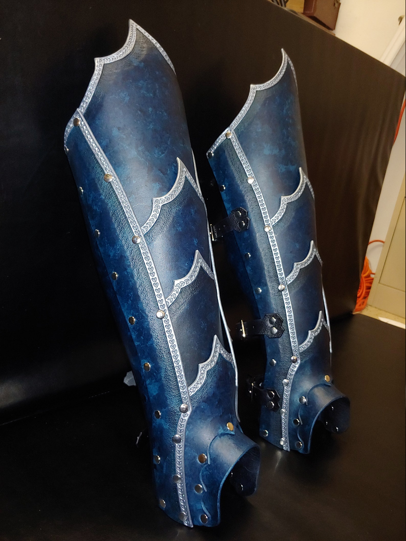 Leather Armor, Fantasy Greaves shin Guards Metallic Pewter and Blue - Etsy