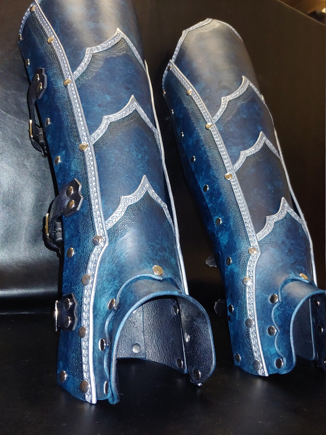 Leather Armor, Fantasy Greaves shin Guards Metallic Pewter and Blue - Etsy