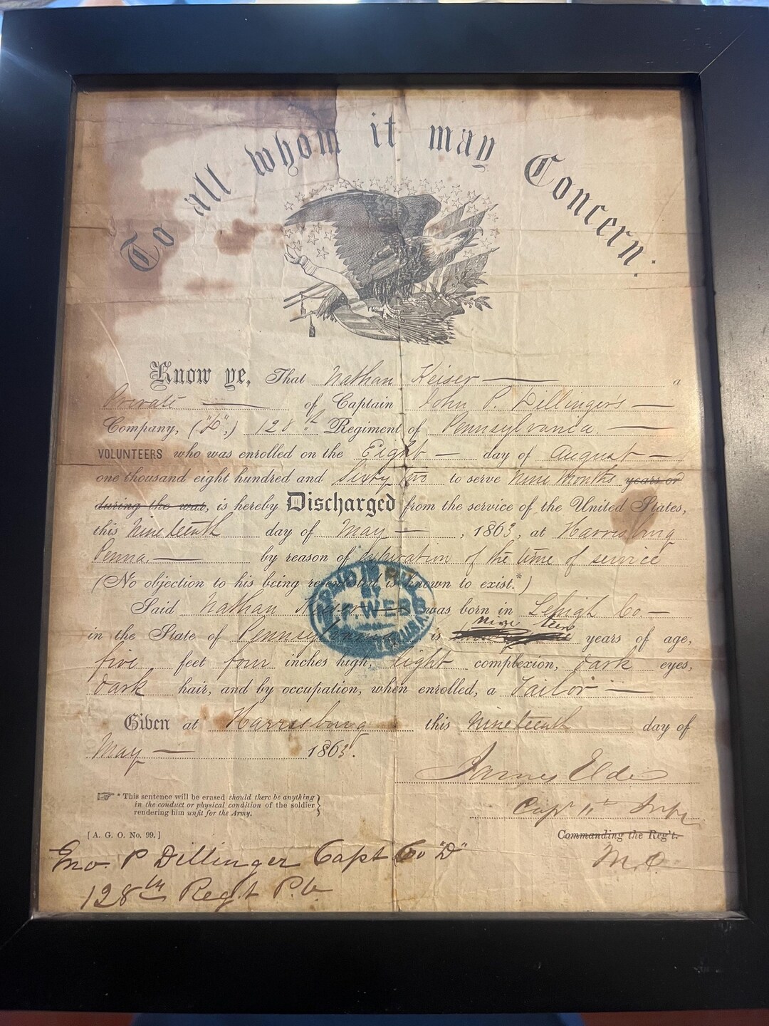 Civil War 1863 Union Discharge Certificate Private Nathan Keiser ...