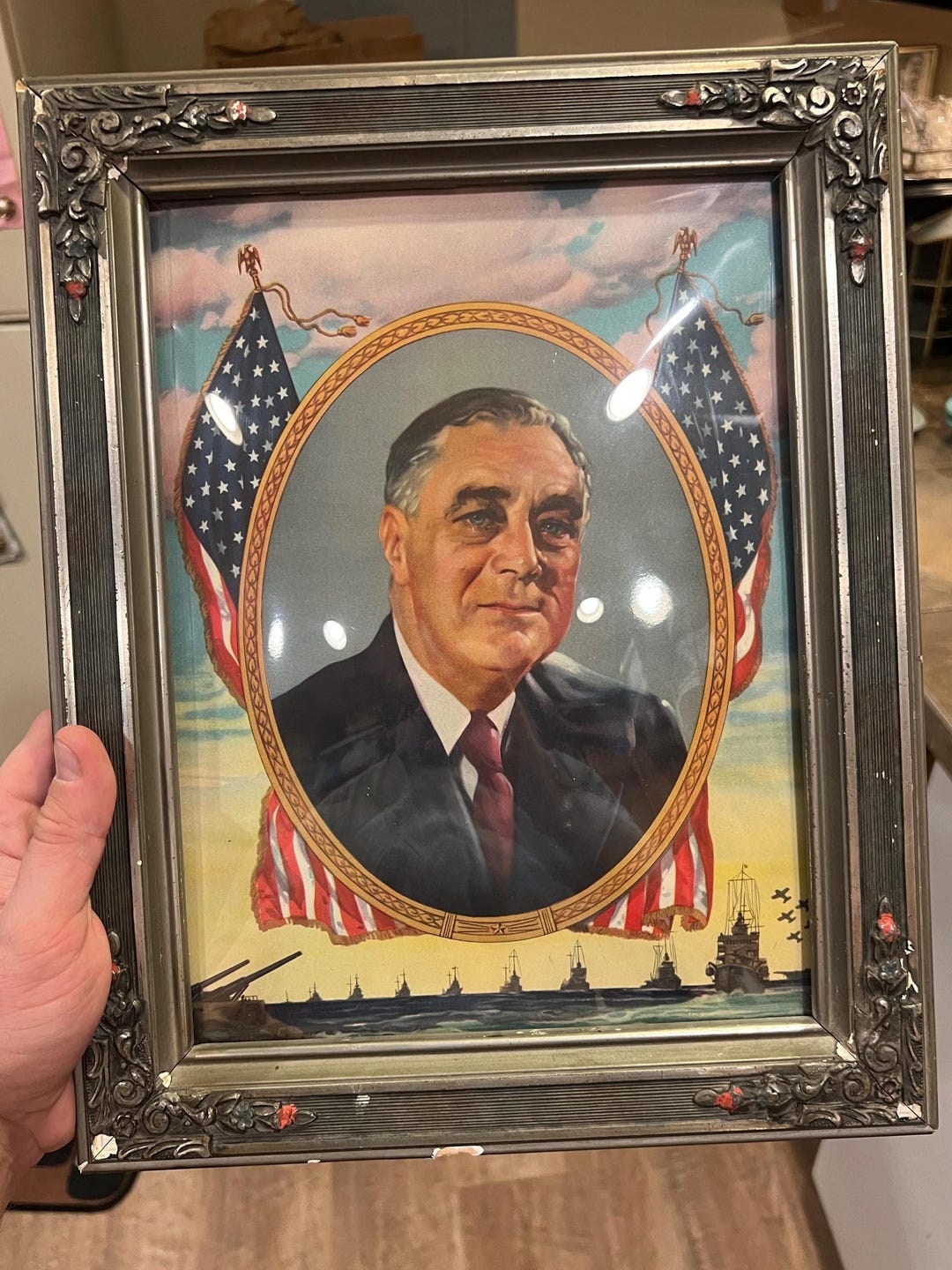 Franklin D. Roosevelt 1942 WW2 Window Poster W/ Military Ships ...