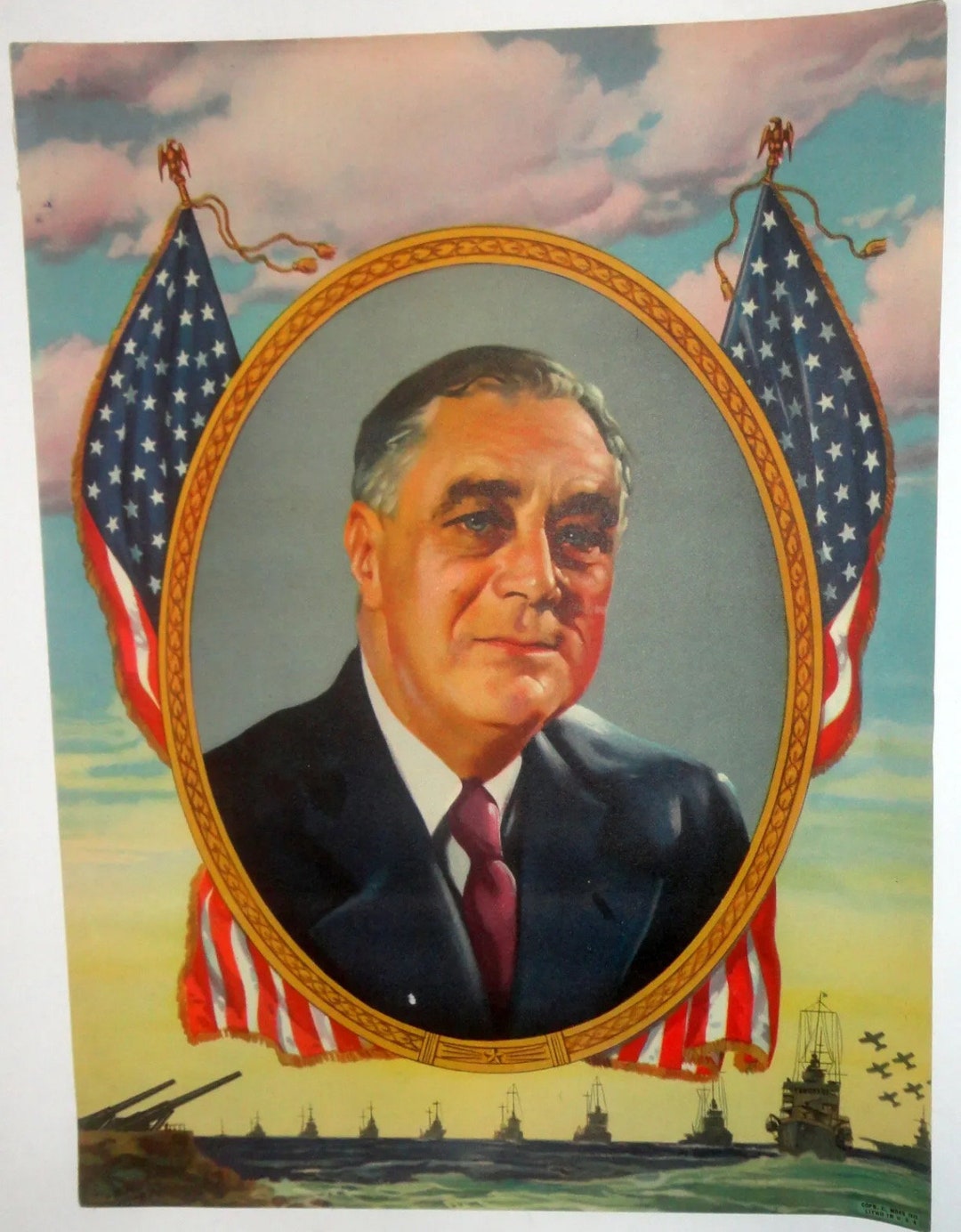 Franklin D. Roosevelt 1942 WW2 Window Poster W/ Military Ships ...