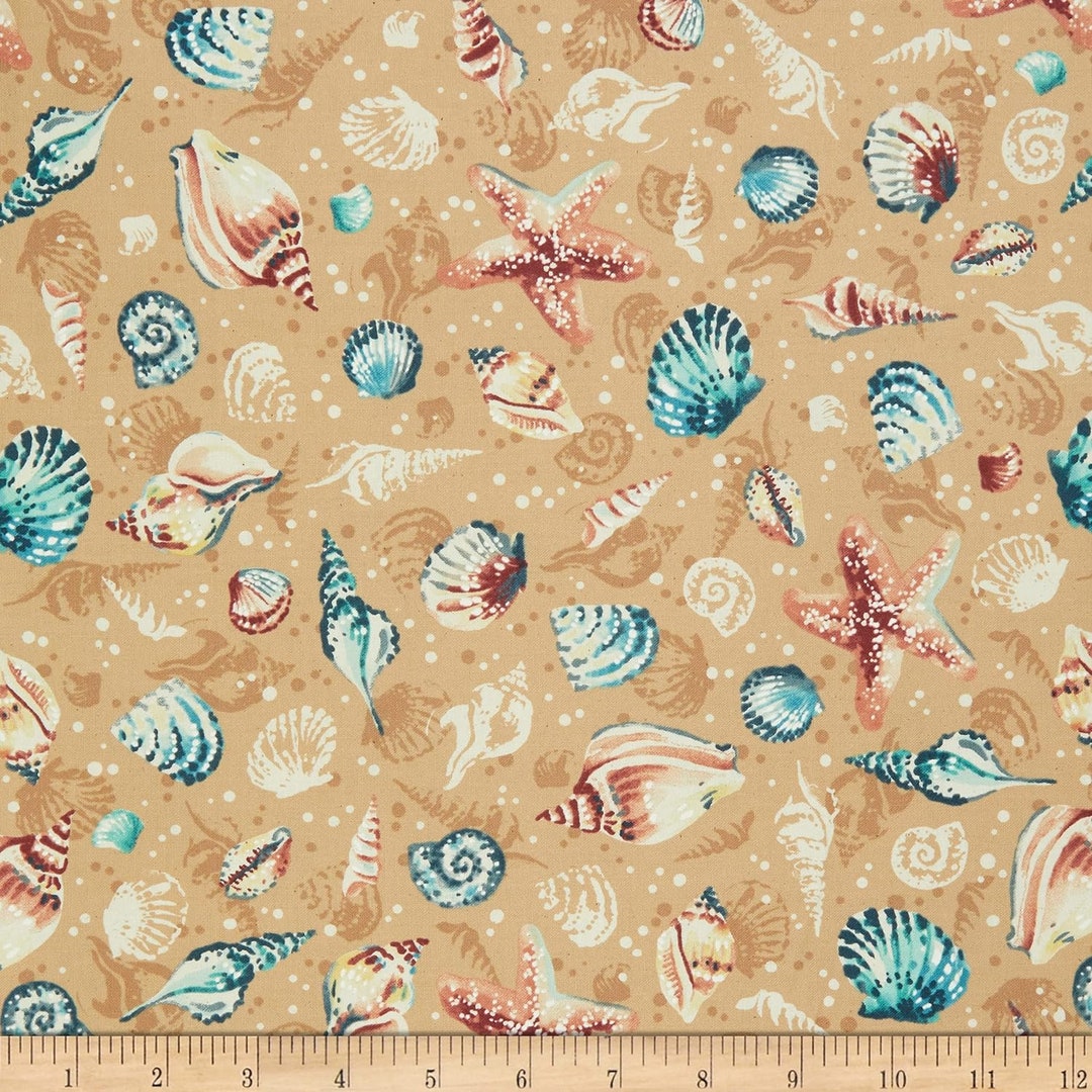 1 Yard Sea Shells Beach Cotton Fabric Tan & Teal - Etsy