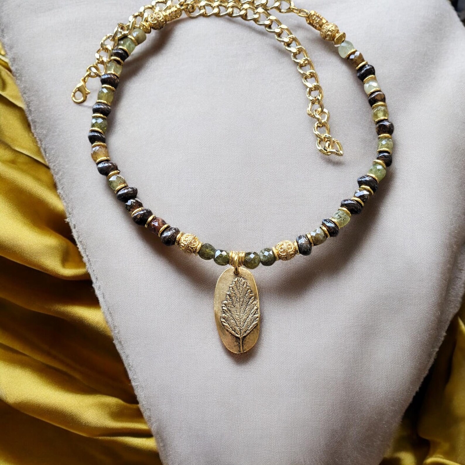 Sage Leaf Pendant Beaded Necklace, Green Garnet and Bronzite Beads. - Etsy