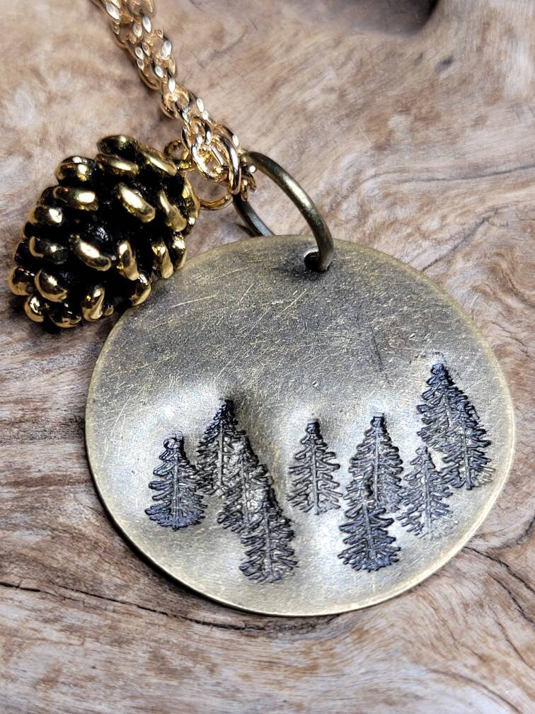 Antique Bronze Stamped Forest Pine Tree Charm With Beautiful Gold ...