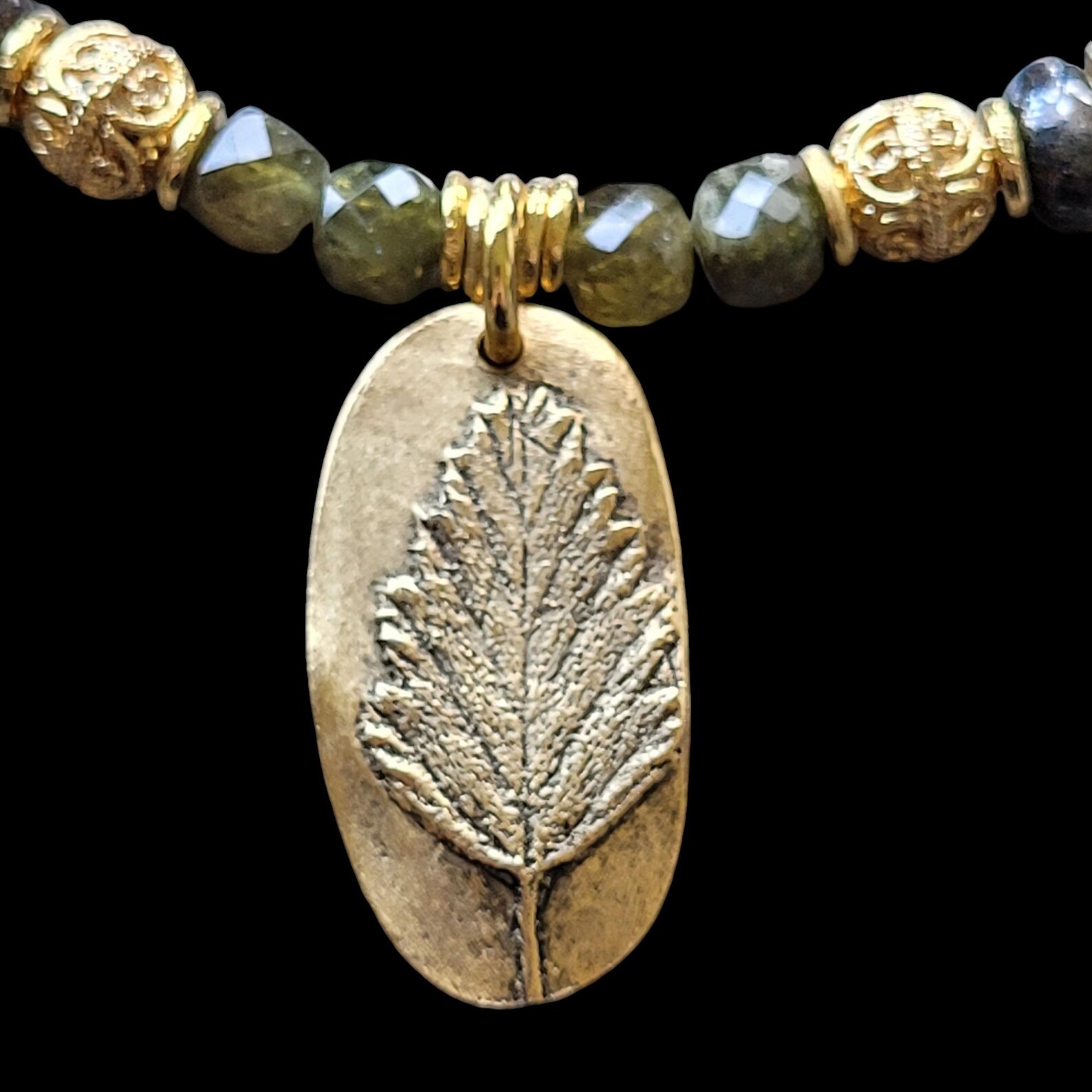 Sage Leaf Pendant Beaded Necklace, Green Garnet and Bronzite Beads. - Etsy