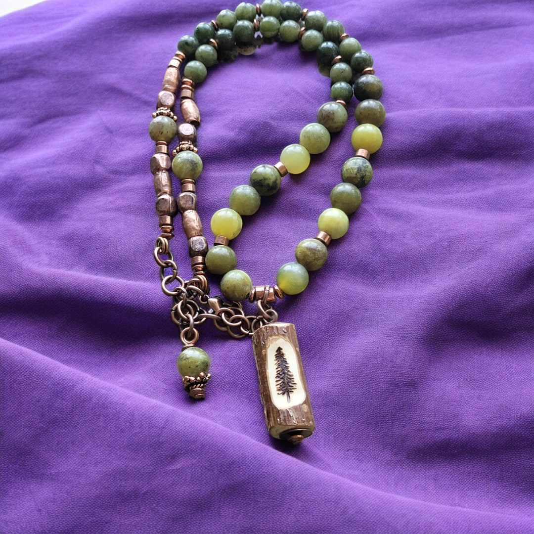 Rare Hand Carved Pine Tree Wood Bead Pendant, Jade and Kenya Copper ...