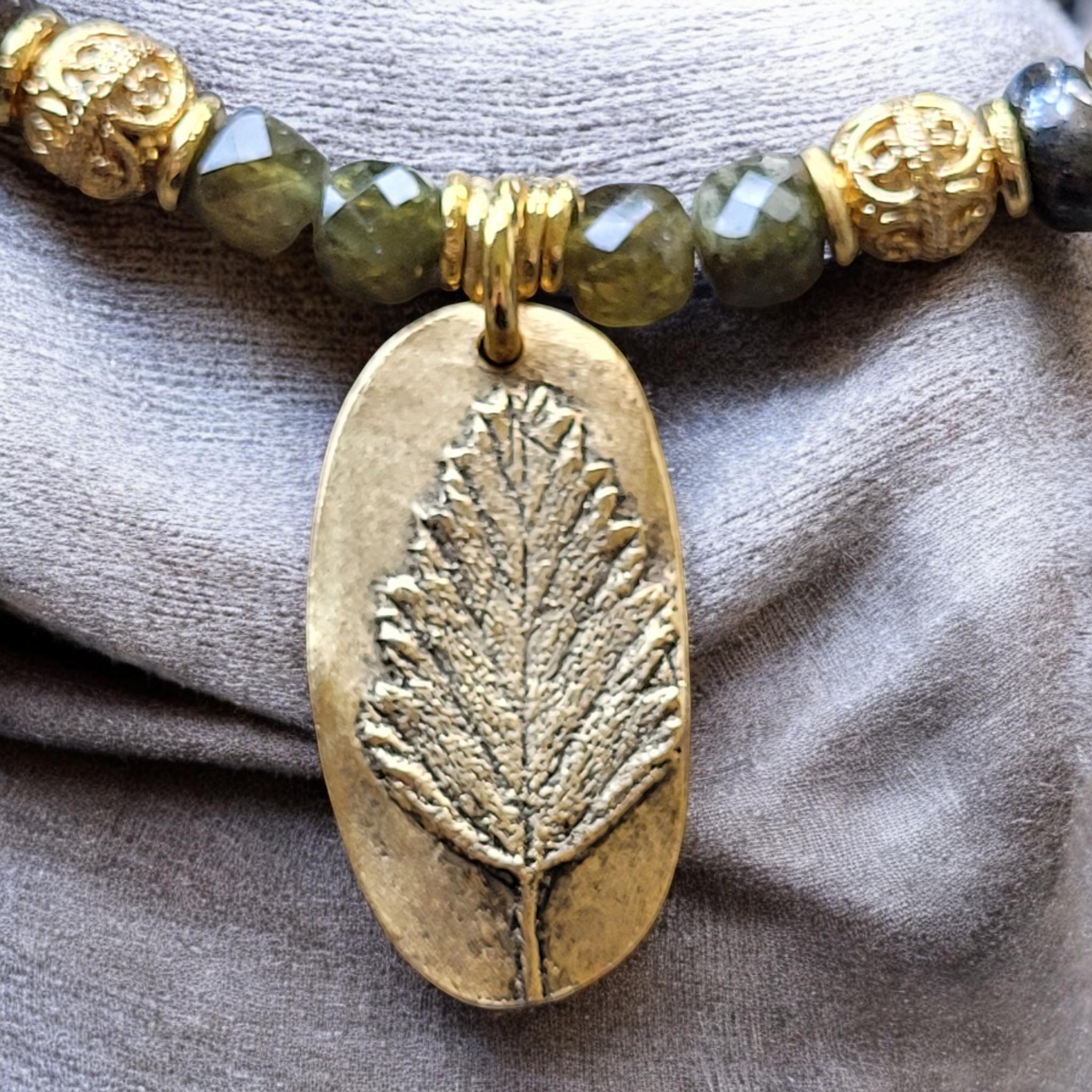 Sage Leaf Pendant Beaded Necklace, Green Garnet and Bronzite Beads. - Etsy