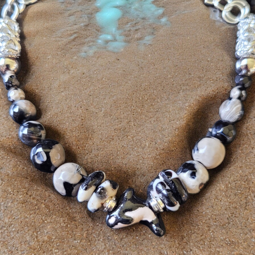 Orca Agate Beaded Bracelet: Peruvian Ceramic Whale Pendant, Krobo Beads ...