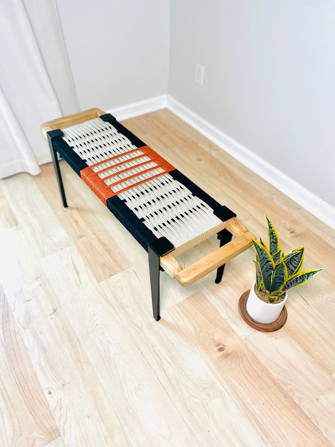 Hand-woven Entryway Bench • MCM Style End of Bed & Mudroom Seating ...