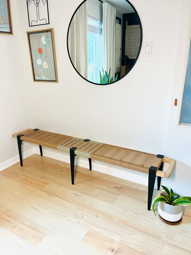 Hand-woven Entryway Bench • MCM Style End of Bed & Mudroom Seating ...