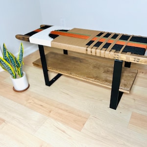 Mid-century Modern Style Bench • Mudroom / Entryway Bench • Hand Woven End of Bed Stool • Custom ...